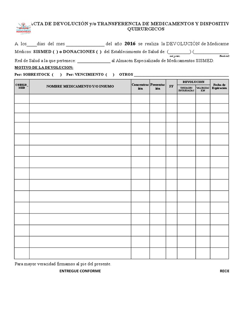 Acta de Devolucion de Medicamentos | PDF | Farmacia | Cuidado de la salud