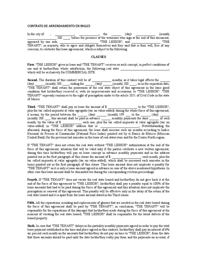 Contrato de Arrendamiento en Ingles | PDF | Lease | Leasehold Estate