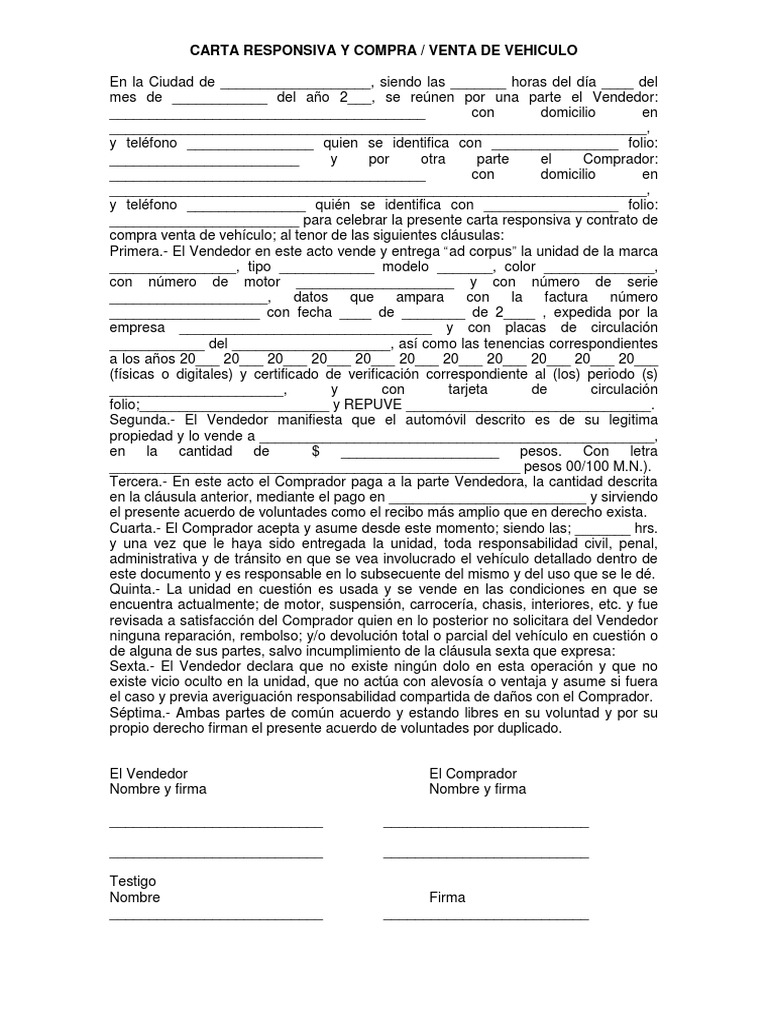 Carta Responsiva y Compra Venta Vehiculo PDF | Business