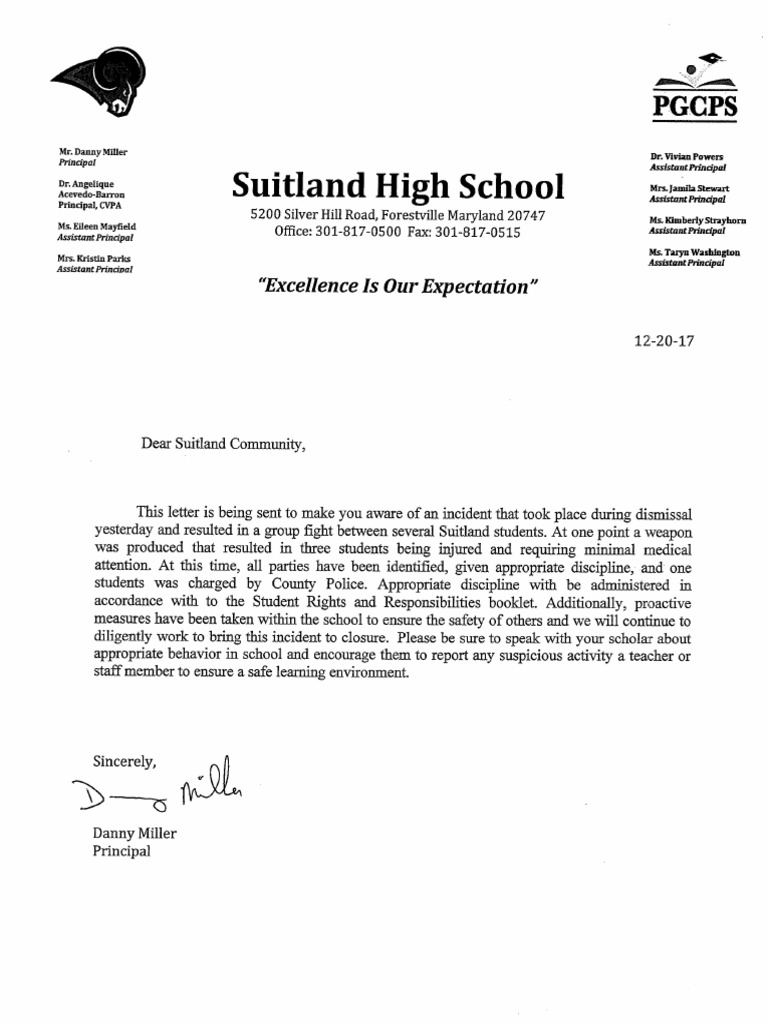 Letter Sent Home To Suitland High School Parents | PDF