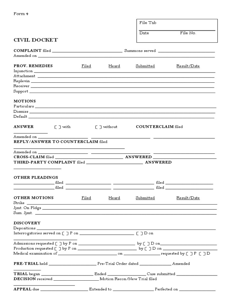 Civil Docket: Form 4 File Tab Date File No | PDF | Complaint ...