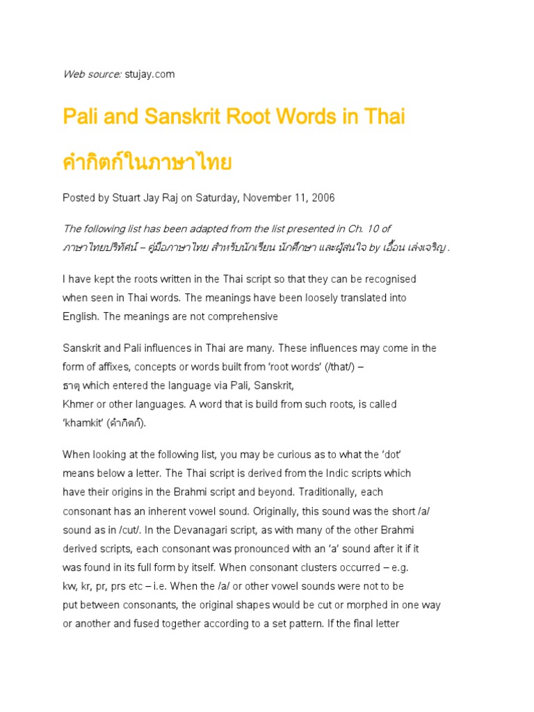 Pali and Sanskrit Root Words in Thai | PDF | Thai Language | Pali