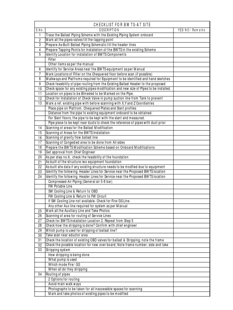 Bwts Site Check List | PDF | Engineering | Mechanical Engineering