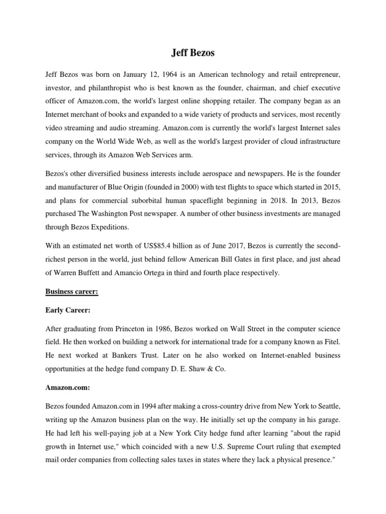 Jeff Bezos: Business Career: Early Career | PDF | Science | Technology ...