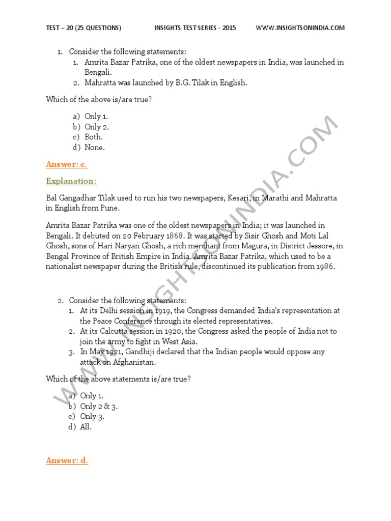Insights Test Series 2015: Indian History | PDF | Government ...