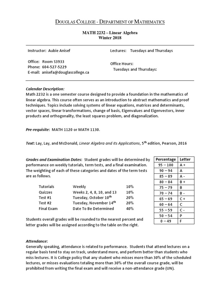Math 2232 Course Outline | PDF | Linear Subspace | Matrix (Mathematics)