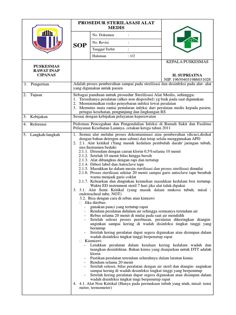 Sop Sterilisasi Alat | PDF