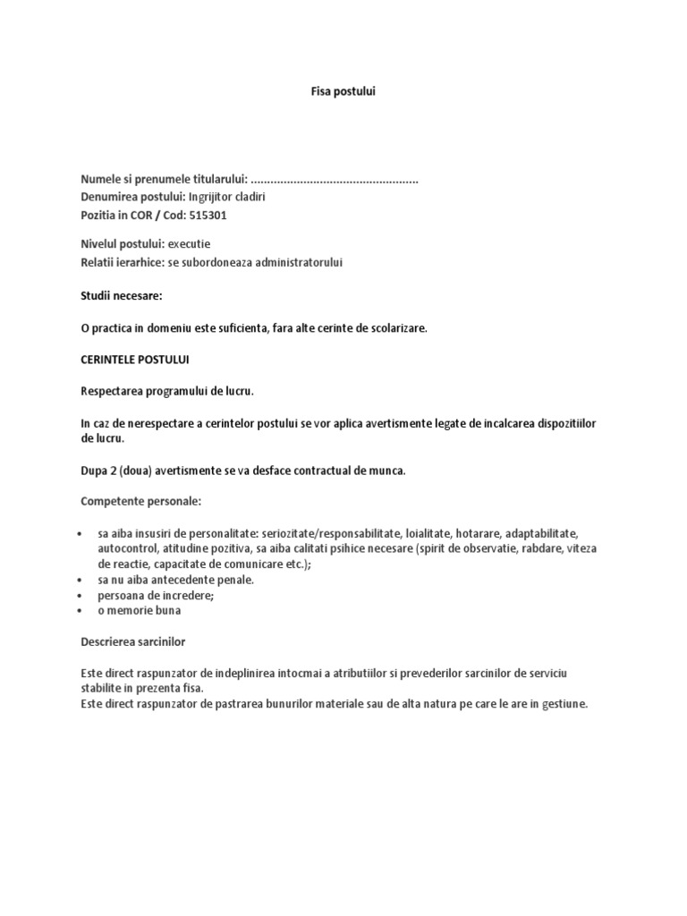 Fisa Post Ingrijitor Cladiri | PDF