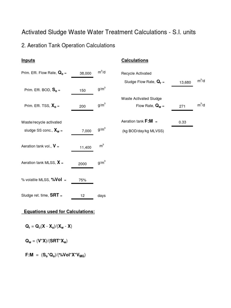 Activated Sludge Waste Water Treatment Calculations - S.I. Units | PDF