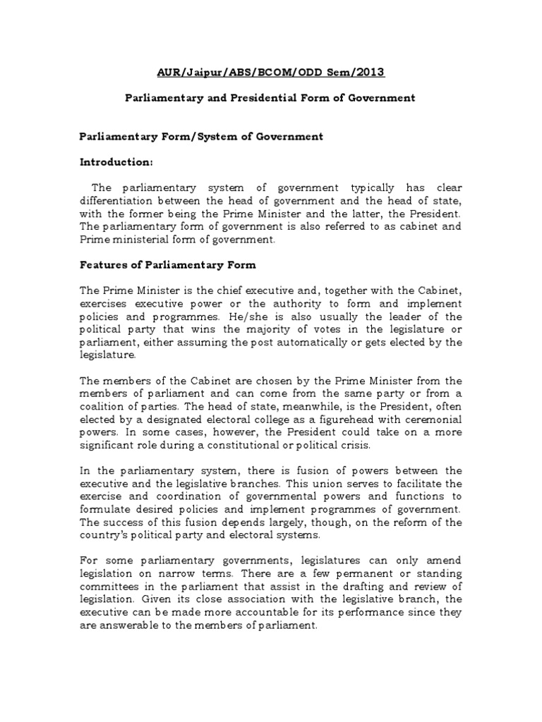 Parliamentary and Presidential Form of Government India AMITY JAIPUR ...