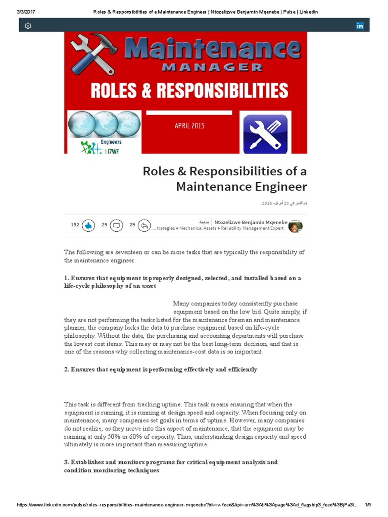 Roles & Responsibilities of A Maintenance Engineer - LinkedIn | PDF ...