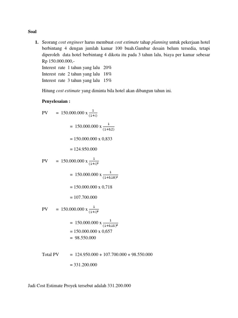 Soal 1. Seorang Cost Engineer Harus Membuat Cost Estimate Tahap Planning Untuk Pekerjaan Hotel | PDF