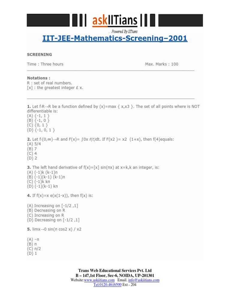 IIT JEE 2001 Maths Question Paper With Solutions | PDF | Tangent | Triangle