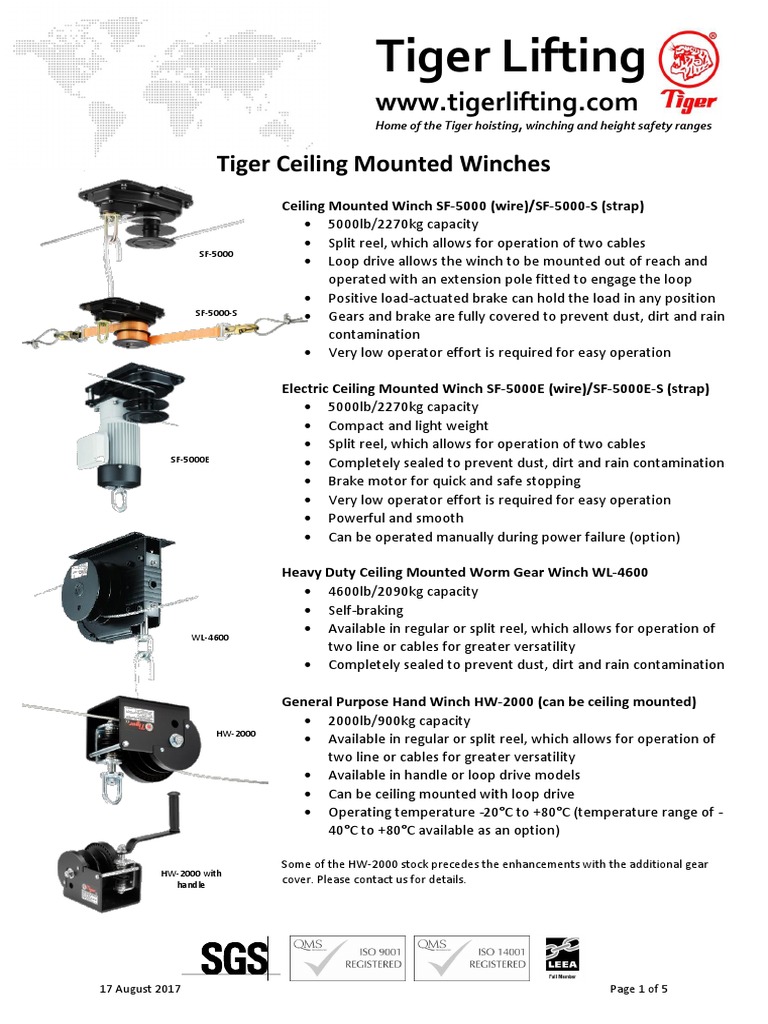 Tiger Ceiling Mounted Winches Overview | PDF | Manufactured Goods