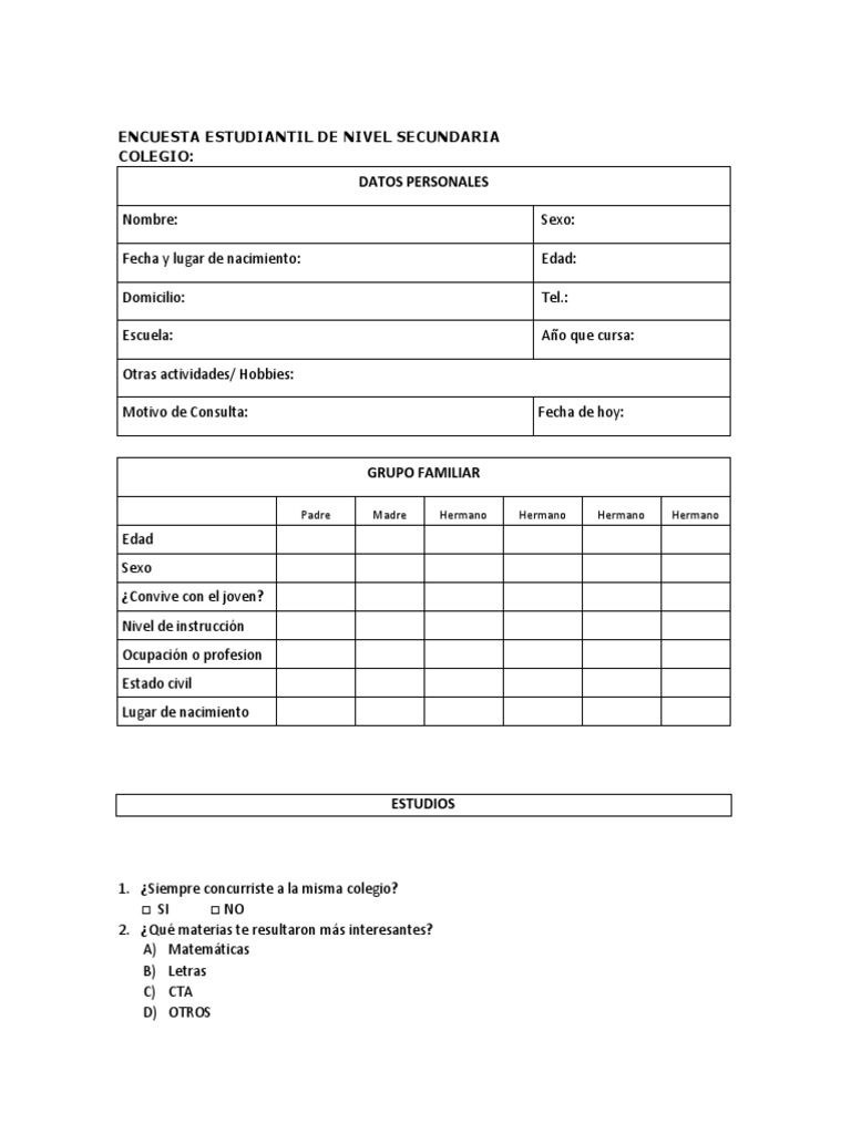 Encuesta de Nivel Secundaria Estudiantil | PDF | Educación Secundaria ...
