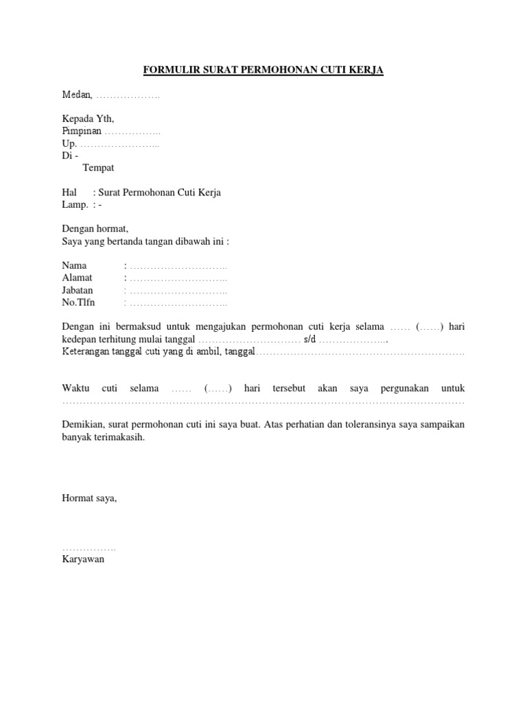 Contoh Surat Permohonan Cuti Kerja | PDF | Pengelolaan Keuangan & Uang | Hukum