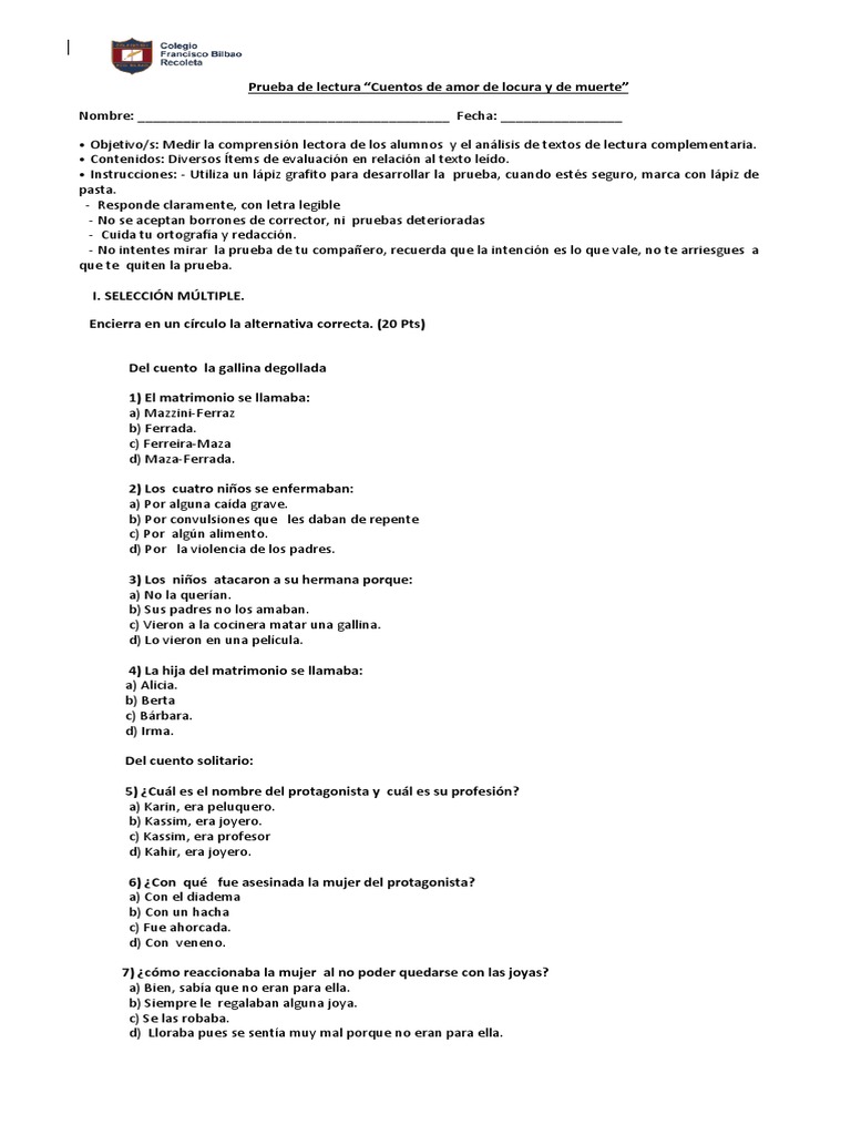 Análisis de comprensión lectora sobre cuentos de Horacio Quiroga | PDF ...