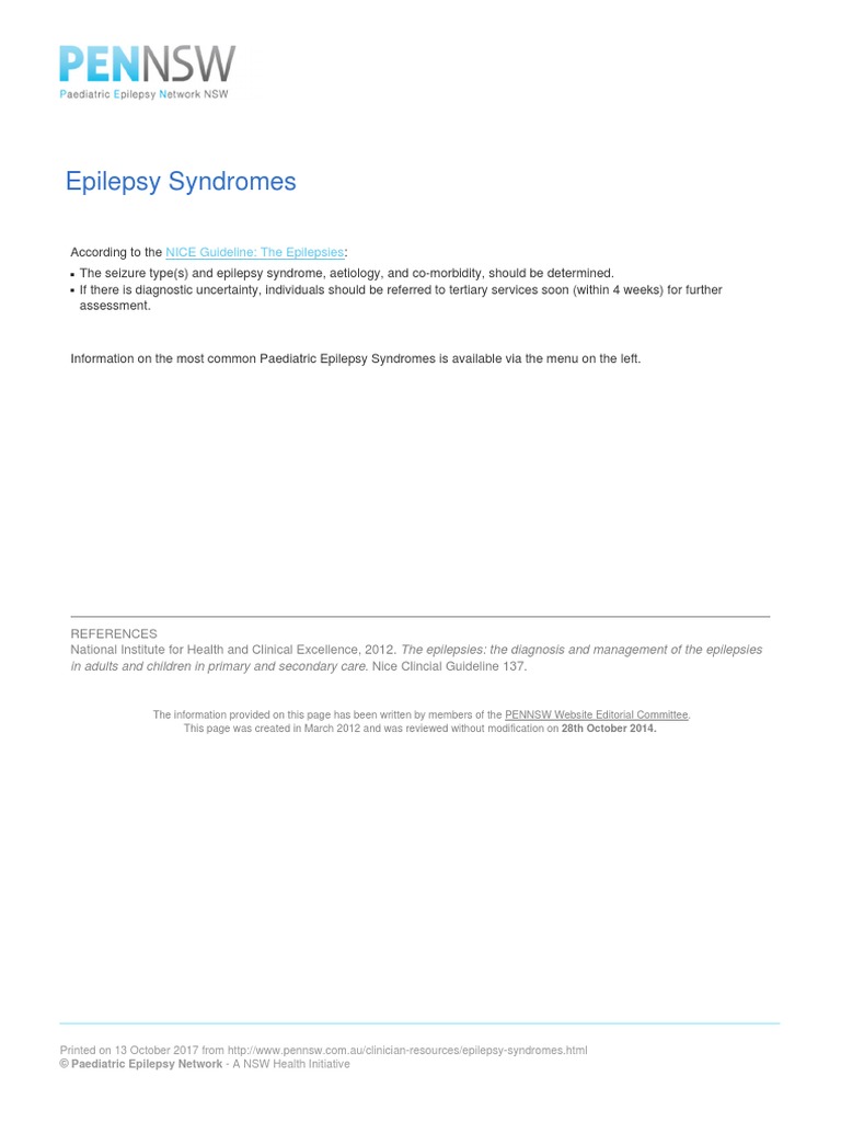 Epilepsy Syndromes: NICE Guideline: The Epilepsies | PDF