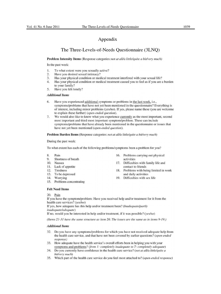 Appendix The Three-Levels-of-Needs Questionnaire (3LNQ) | PDF
