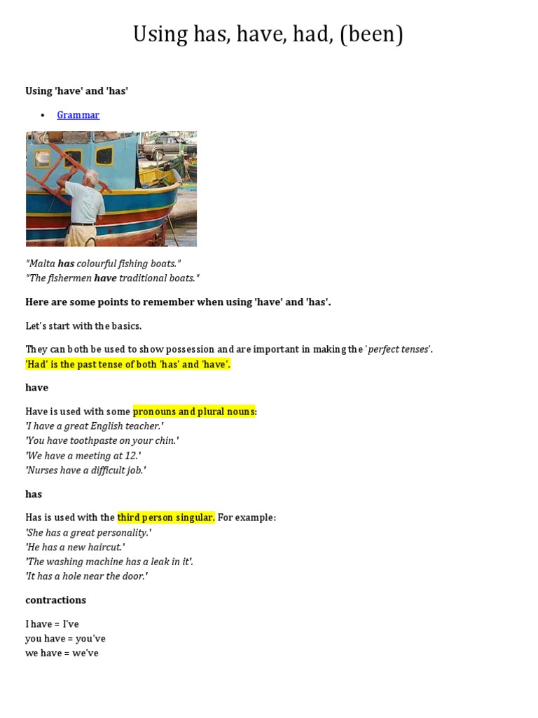 Using Has, Have, Had | PDF | Perfect (Grammar) | Verb