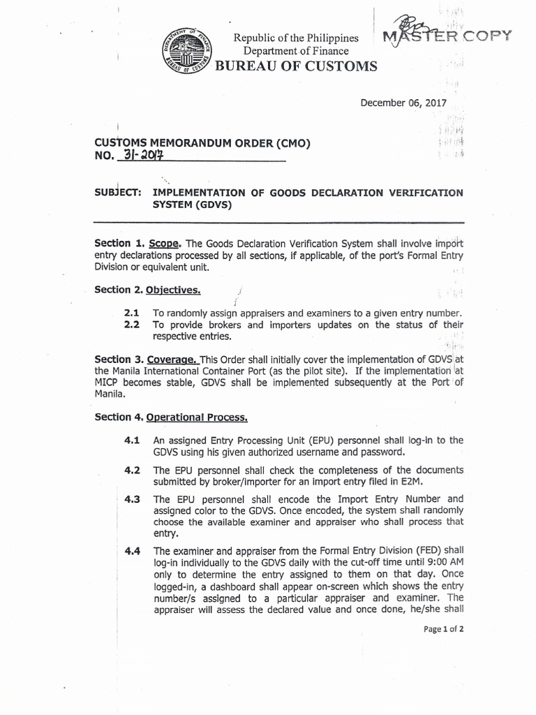 Bureau of Customs CMO-31-2017 Implementation of Goods Declaration ...