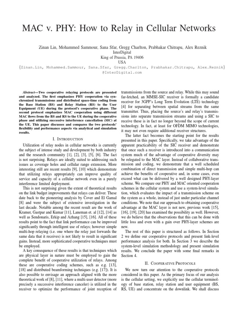 MAC v. PHY: How To Relay in Cellular Networks | Download Free PDF ...