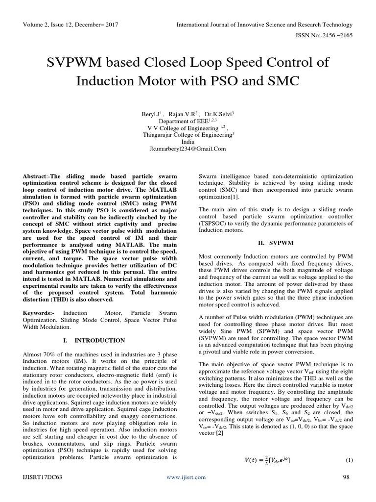 Svpwm Based Closed Loop Speed Control Of Induction Motor With Pso And Smc Download Free Pdf 