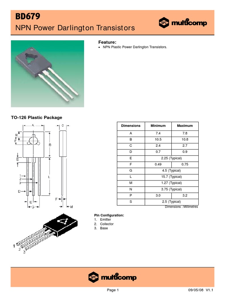 Multicomp BD679 Datasheet | PDF | Bipolar Junction Transistor | Transistor