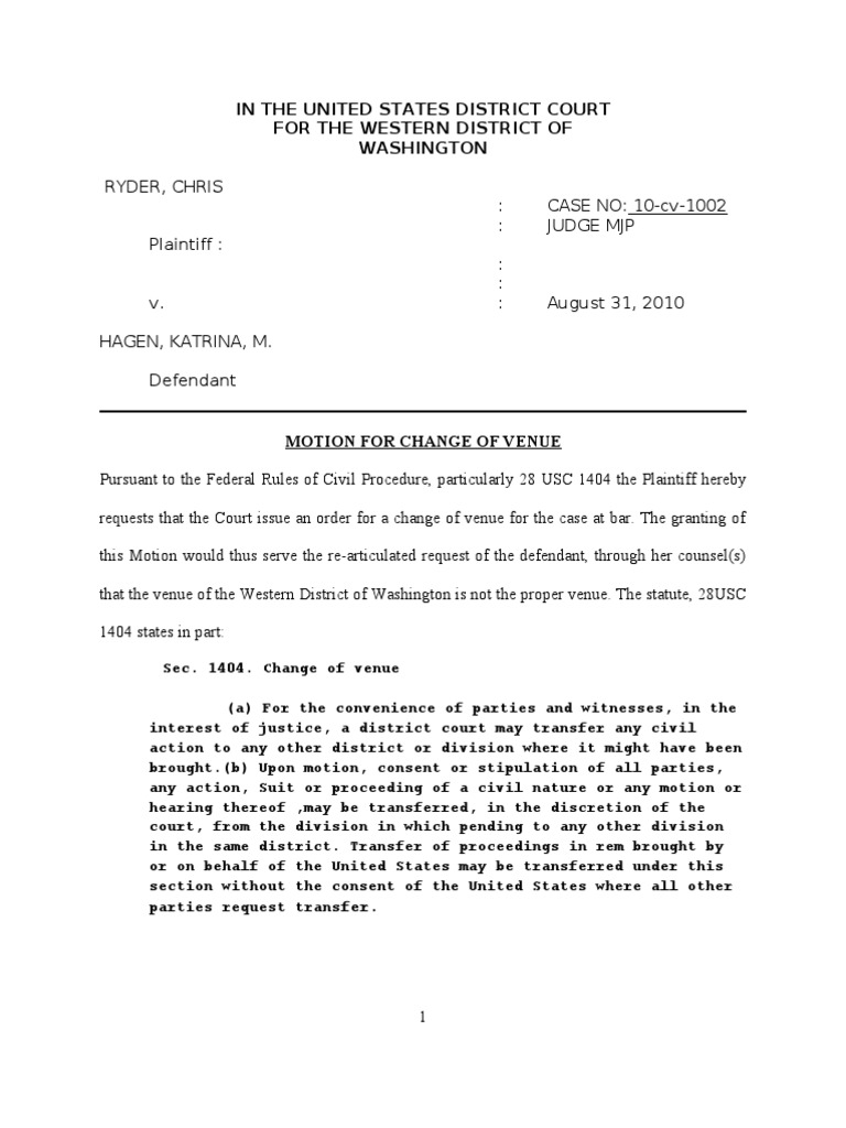 Hagen Motion for Change of Venue | Federal Rules Of Civil Procedure ...