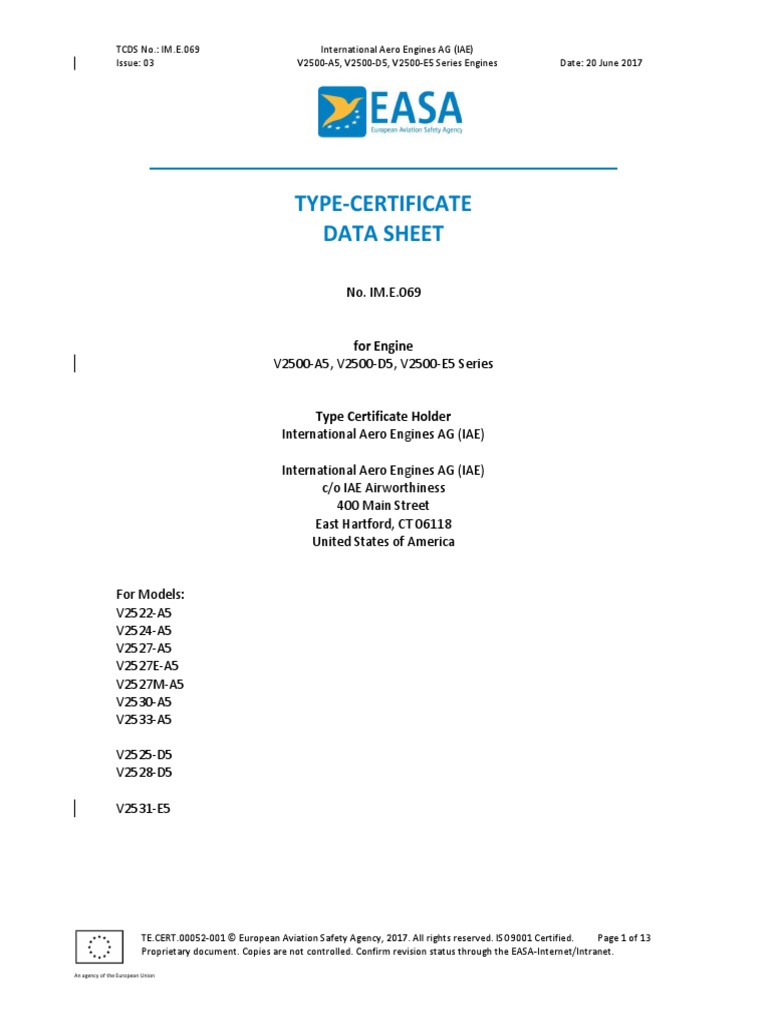 EASA V2500 Type Certificate | Turbine | Rotating Machines