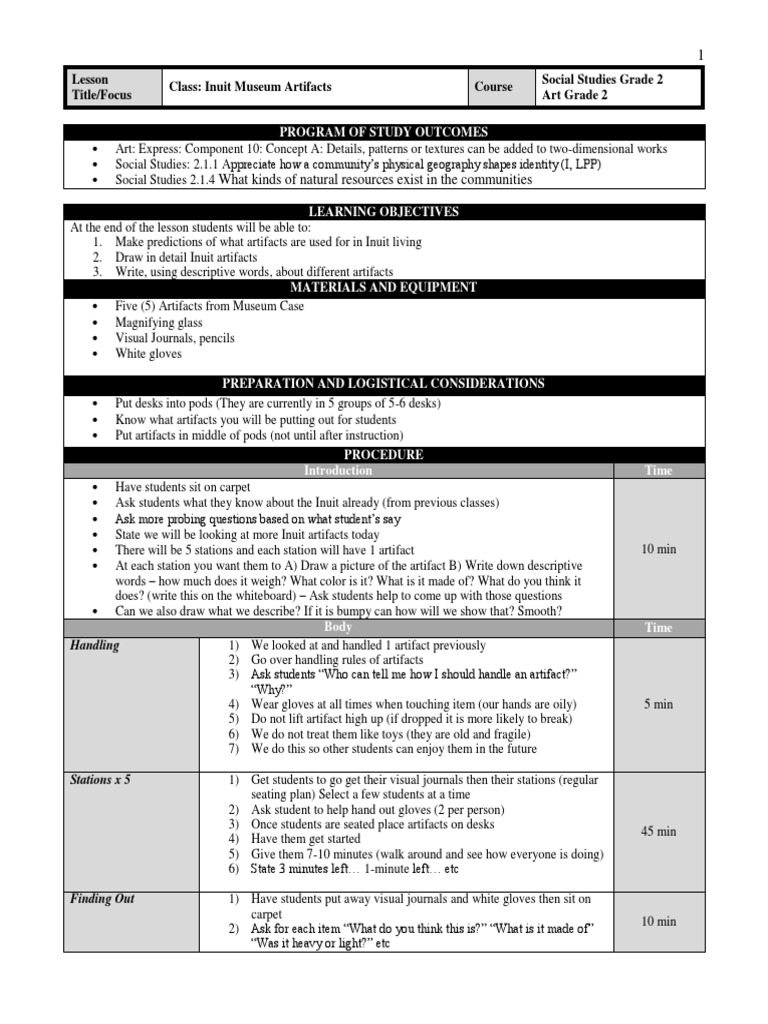 Inuit Museum Artifacts Lesson Plan | PDF | Lesson Plan | Cognition