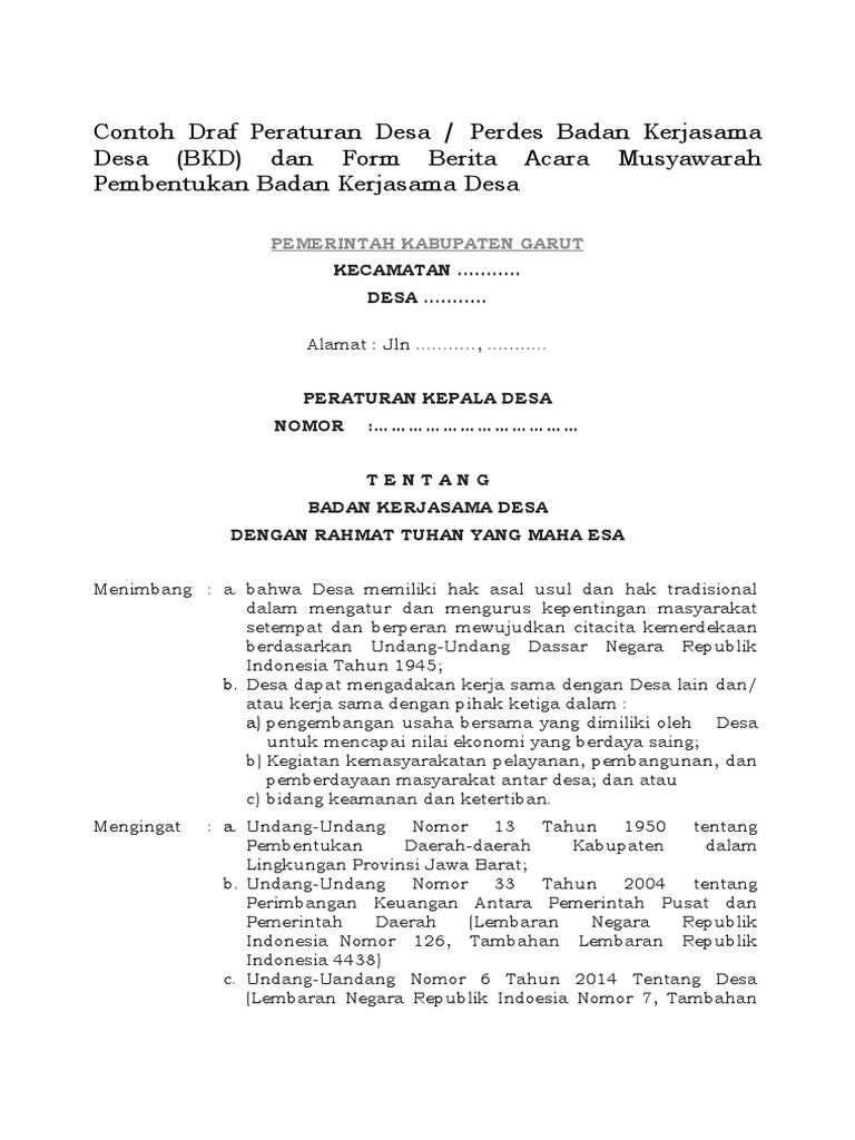 1-Contoh Draf Peraturan Desa Badan Kerjasama Desa 2015 Oke