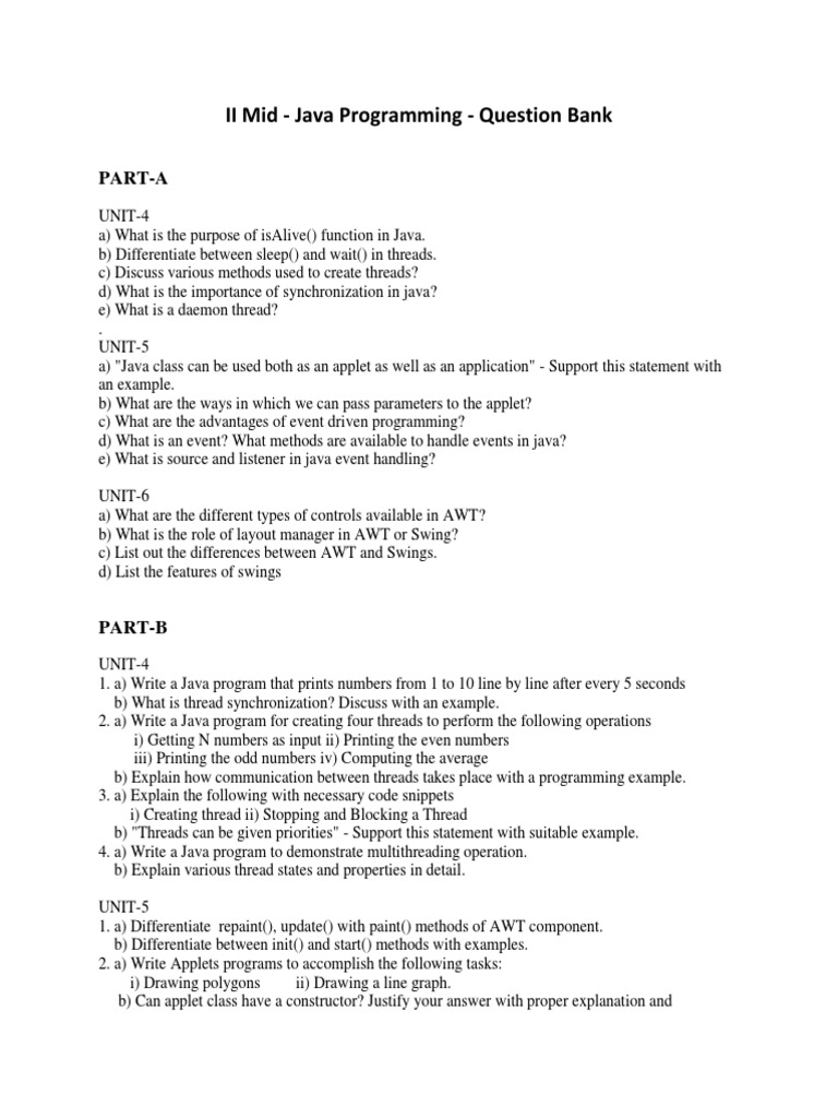 II Mid Java Programing Qbank | PDF | Thread (Computing) | Java (Programming Language)