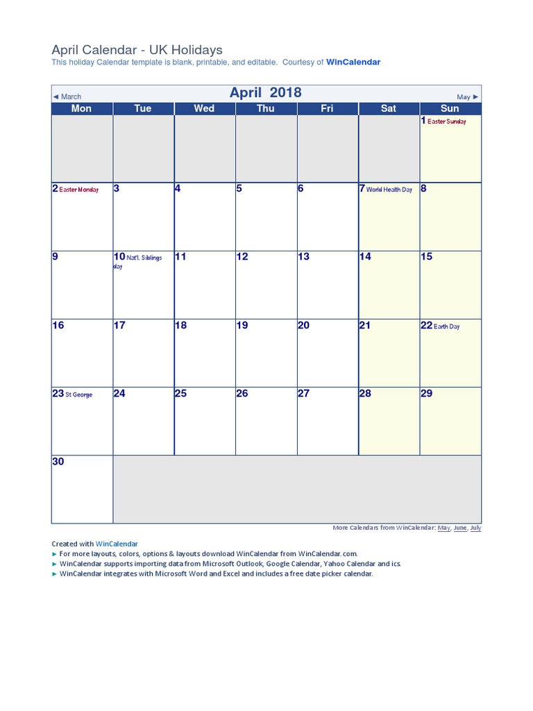 April 2018 UK Holiday Calendar | PDF