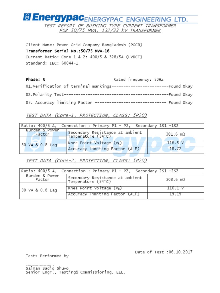 Bushing CT Report 75 MVA | PDF | Transformer | Electrical Components