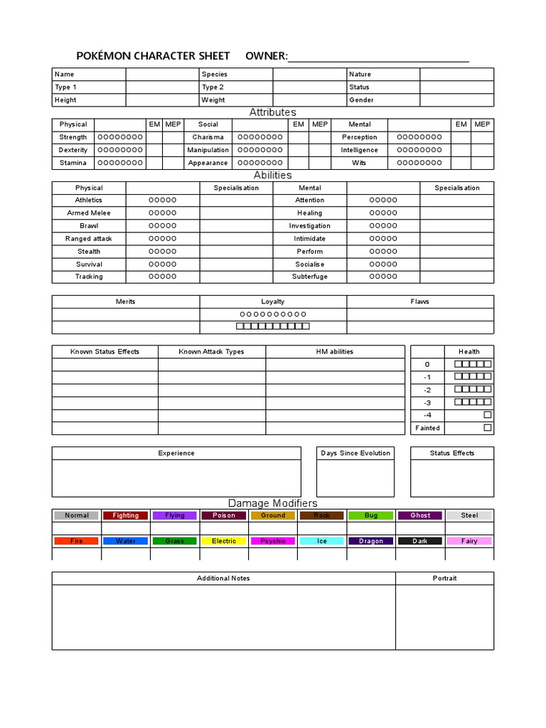 Pokémon Character Sheet Owner:: Attributes | PDF | Leisure | Sports