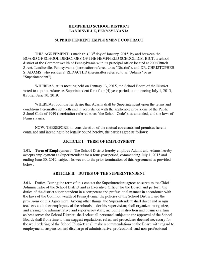 Chris Adams Superintendent Contract | PDF | Employee Benefits | Employment