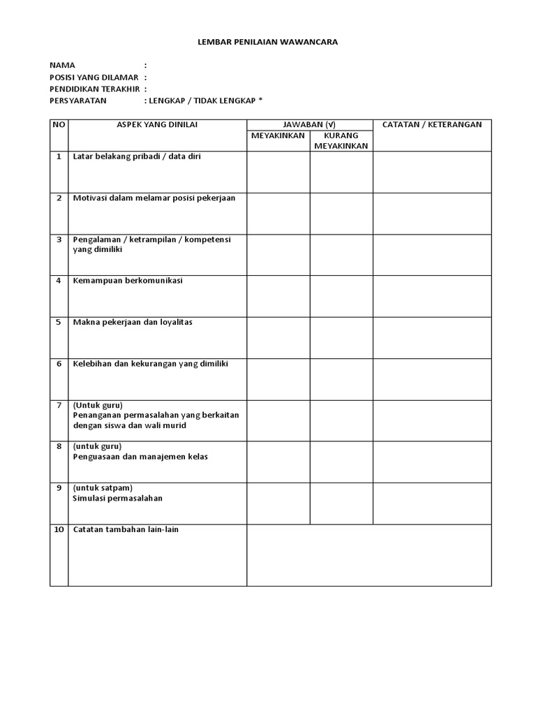 Lembar Penilaian Wawancara | PDF