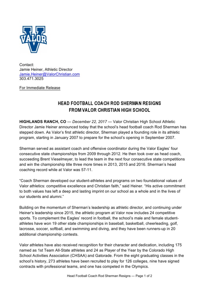 Rod Sherman Steps Down As Valor Christian Football Coach | PDF | Sports ...