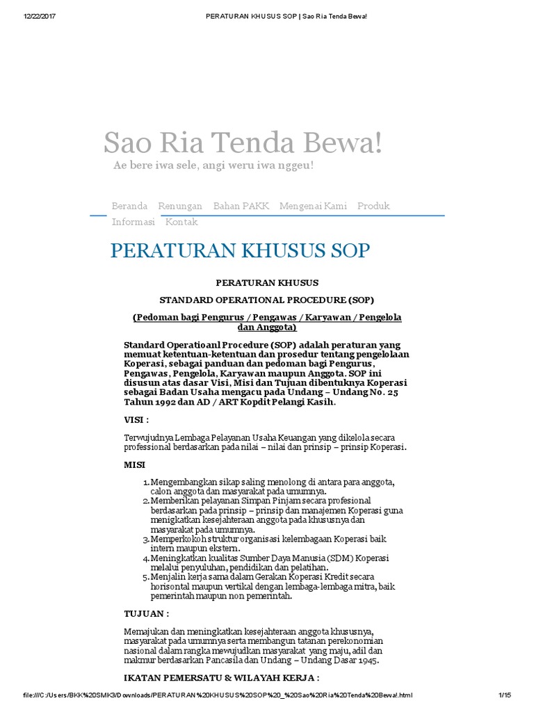 Peraturan Khusus Sop - Sao Ria Tenda Bewa! | PDF