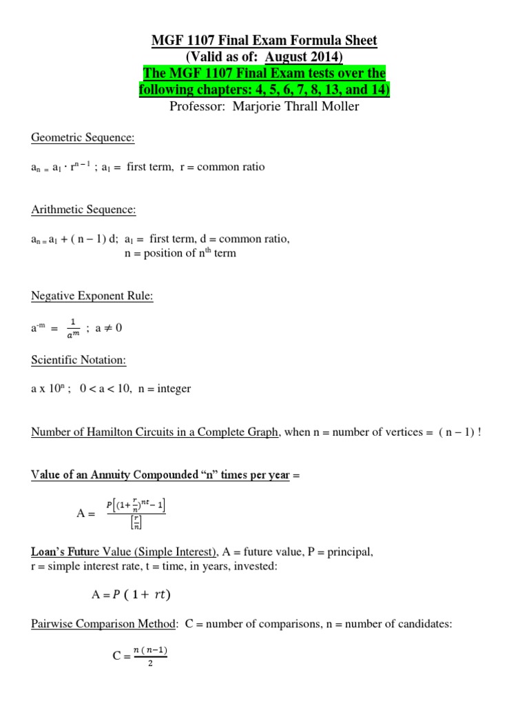 MGF 1107 Final Exam Formula Sheet Valid As of August 2014 | PDF