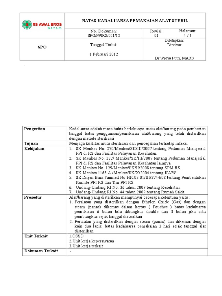 021 Spo Batas Kadaluarsa Pemakaian Alat Steril Dari CSSD Ok | PDF