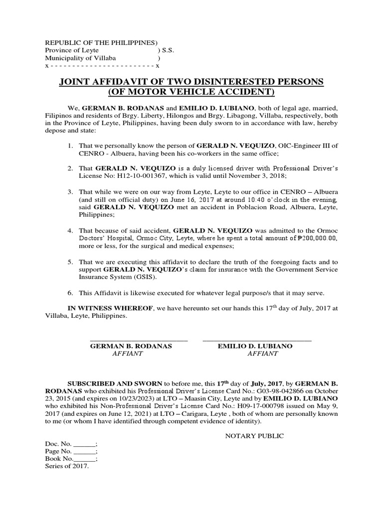 Joint Affidavit of Car Accident | Affidavit | Common Law