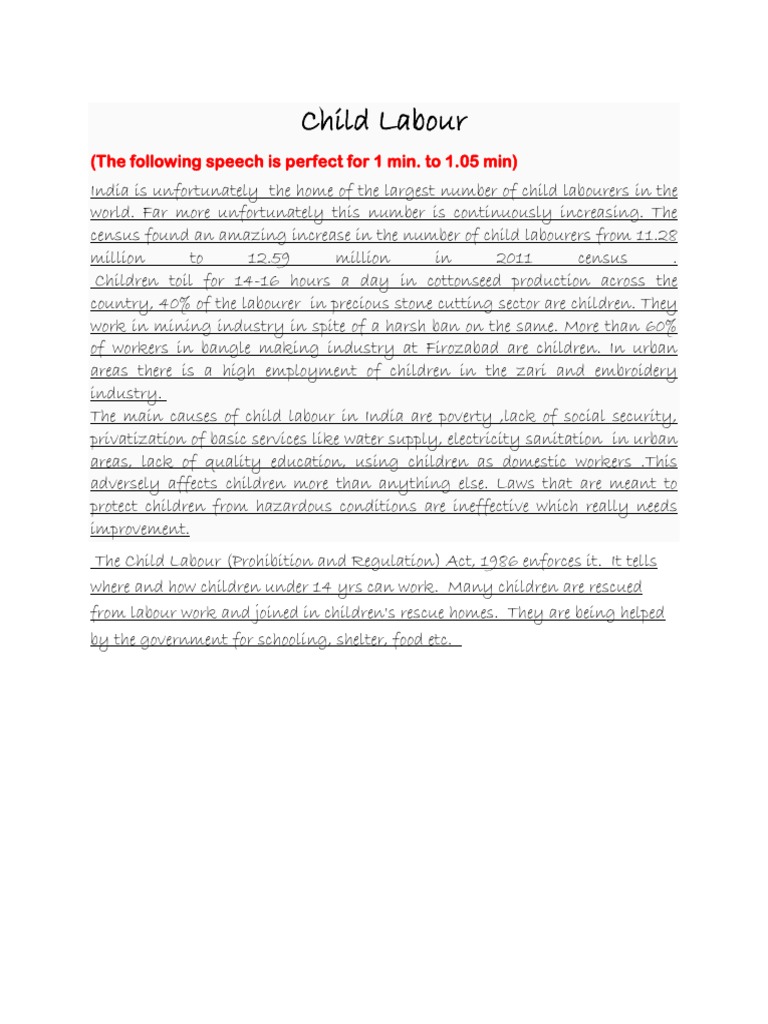 Child Labour: (The Following Speech Is Perfect For 1 Min. To 1.05 Min ...