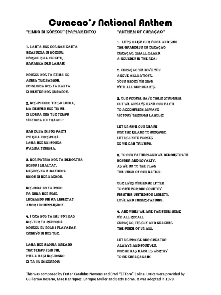 Anthem of Curacao | Caribbean Territories Or Dependencies | North ...
