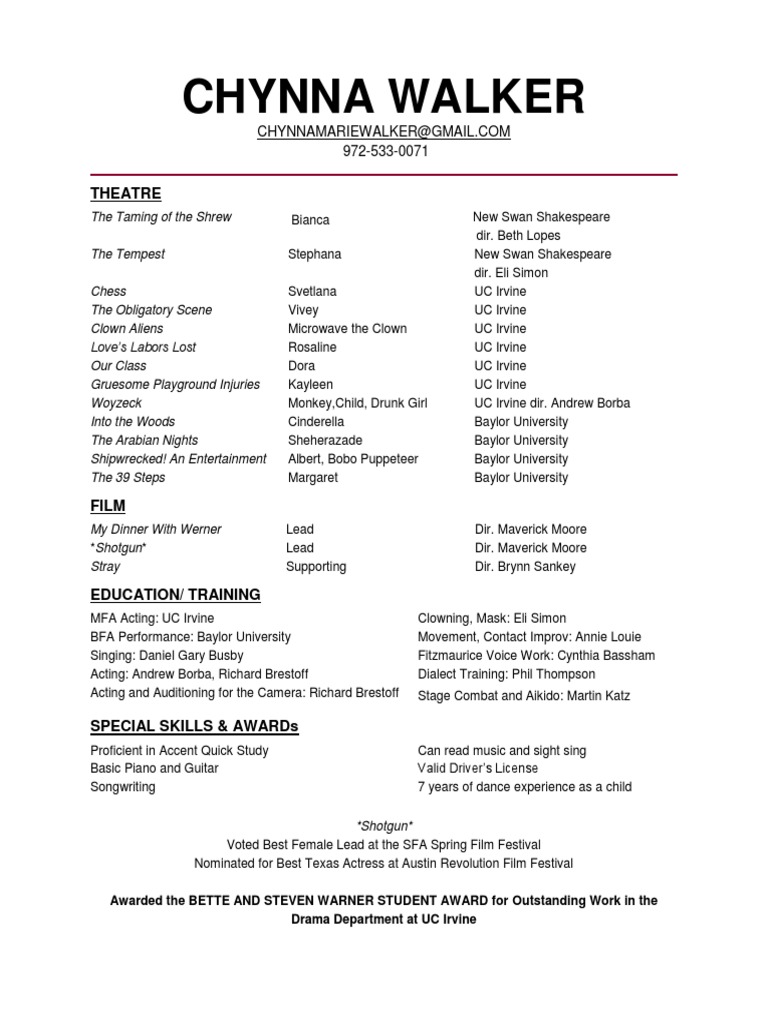 Chynna Walker: Acting Resume | PDF | Performing Arts | Entertainment