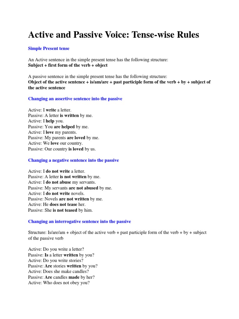 Active and Passive Voice Tense Wise Rules | PDF | Verb | Subject (Grammar)