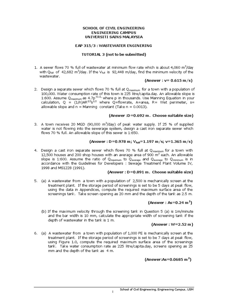Tutorial 3 Eap315 | PDF | Sewage Treatment | Sanitary Sewer