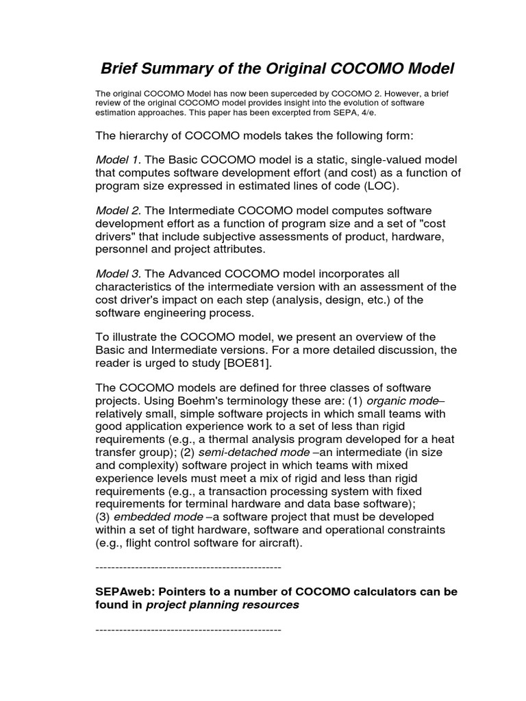 Brief Summary of The Original COCOMO Model | PDF | Systems Engineering | Areas Of Computer Science