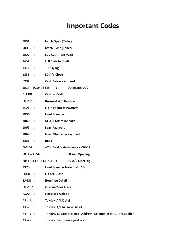 Important Codes Flexcube | PDF